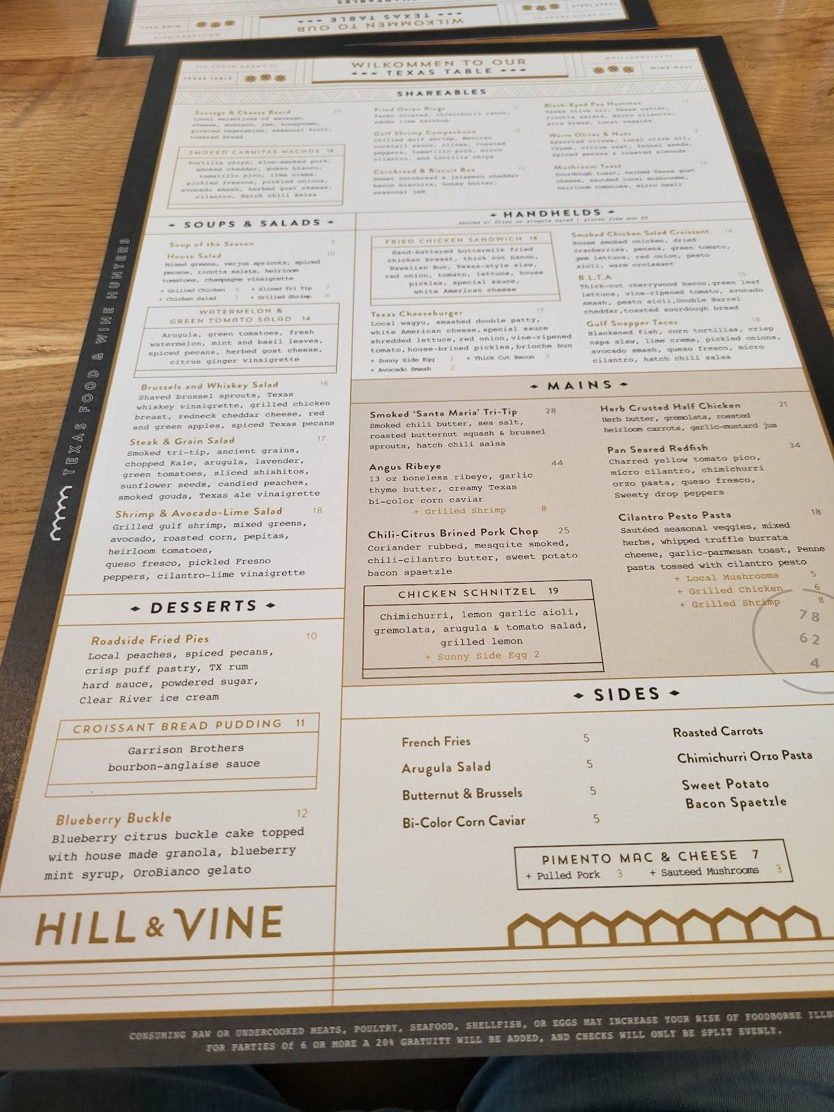 Menu at Hill & Vine pub & bar, Fredericksburg
