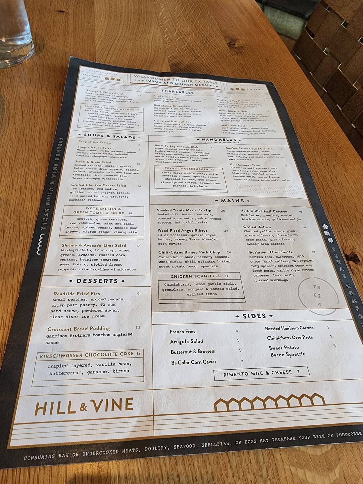 Menu at Hill & Vine pub & bar, Fredericksburg