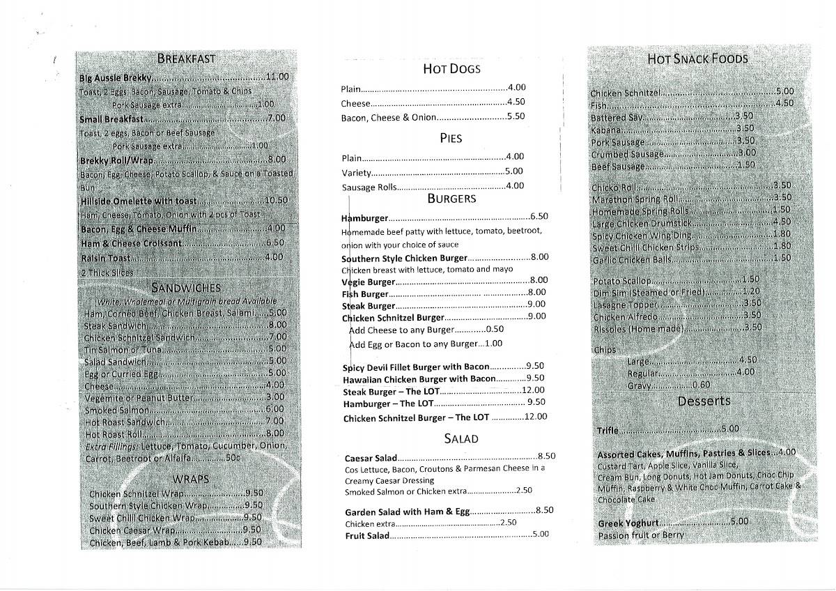 Menu at Hillside Cafe, Ormeau