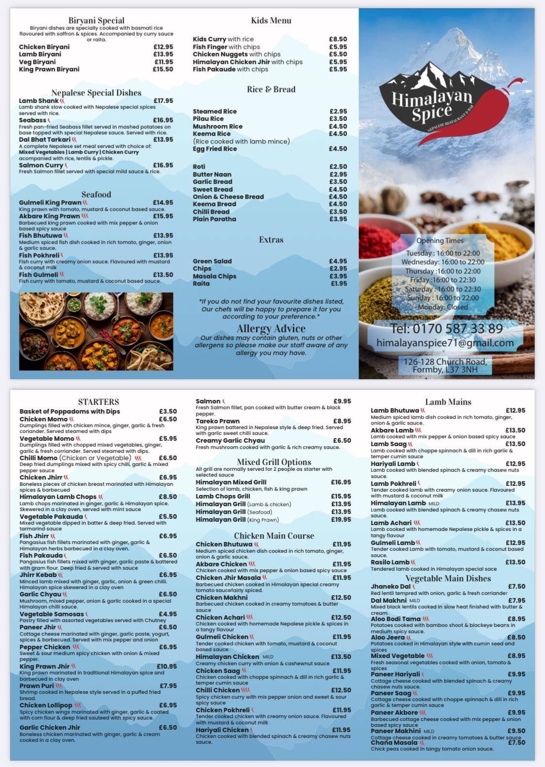 Menu at Himalayan Spice Nepalese Restaurant and Bar, Liverpool, 126-128 ...
