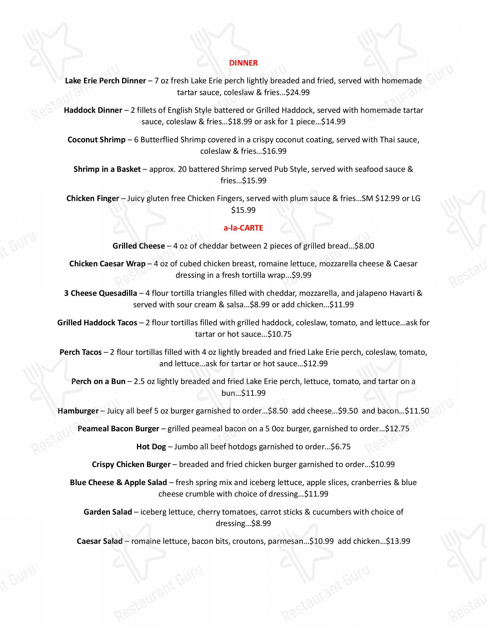Menu at Hippo's @ Mohawk Marina pub & bar, Lowbanks