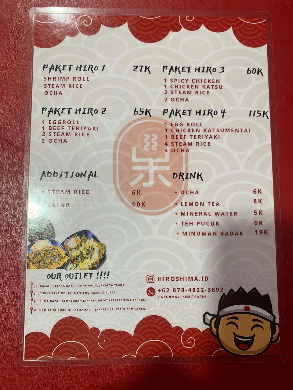 Menu at Hiroshima Japanese Street Food, Cikini restaurant, Central Jakarta