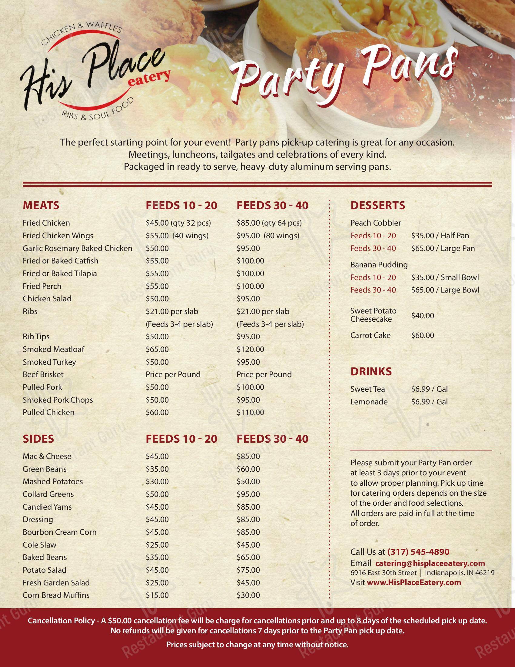 Menu at His Place Eatery - Chicken & Waffles, BBQ & Soul Food ...