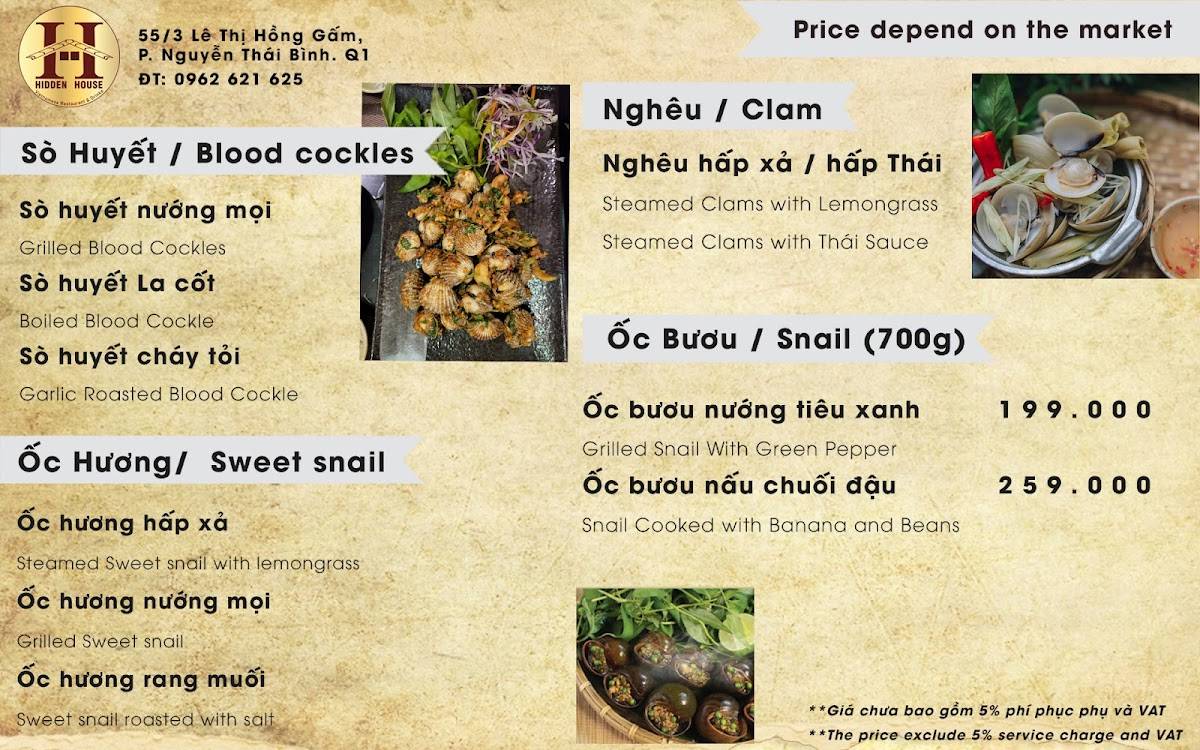 Menu at Hidden House Restaurant, Ho Chi Minh City