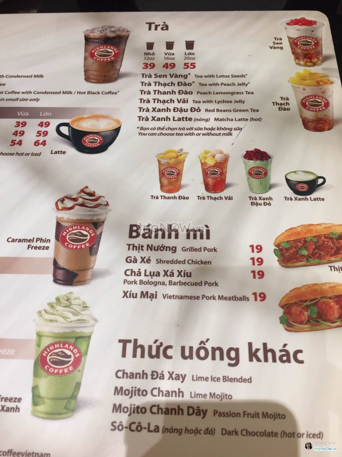 Menu at Highlands Coffee cafe, Ho Chi Minh City, 27 Nguyễn Đình Chiểu