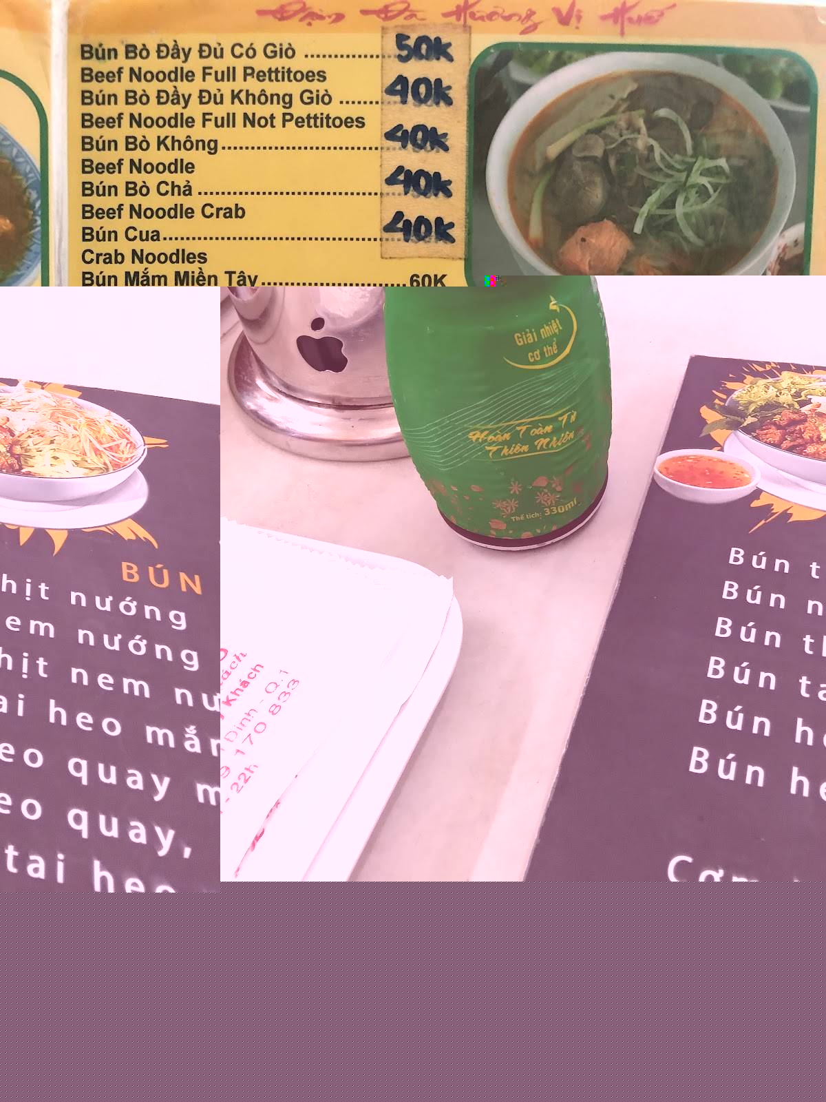 Menu at Quán Ăn Huế O Xuân restaurant, Ho Chi Minh City
