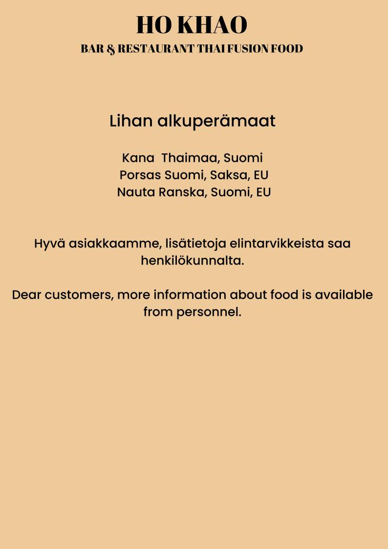 Menu at Ho Khao - Thai & Fusion Food restaurant, Helsinki