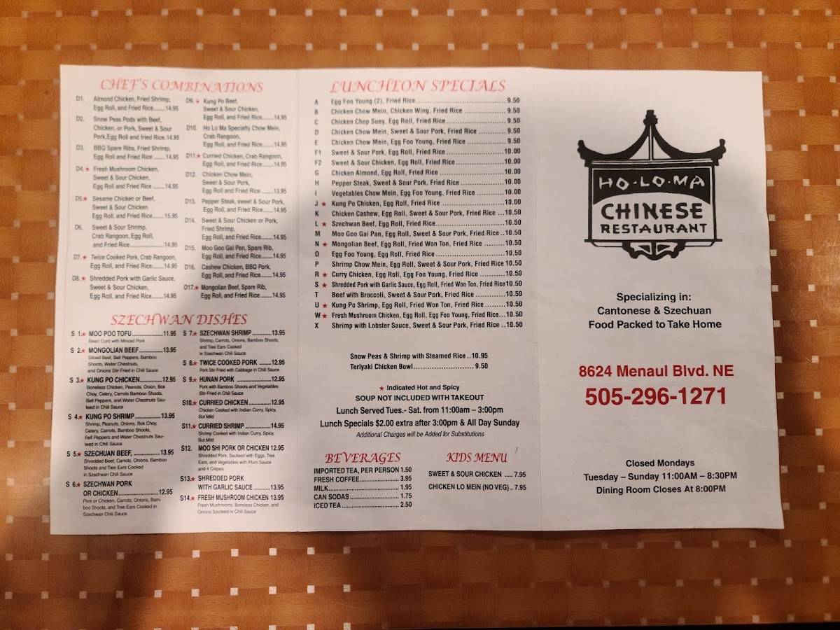 Menu at Ho Lo Ma restaurant, Albuquerque