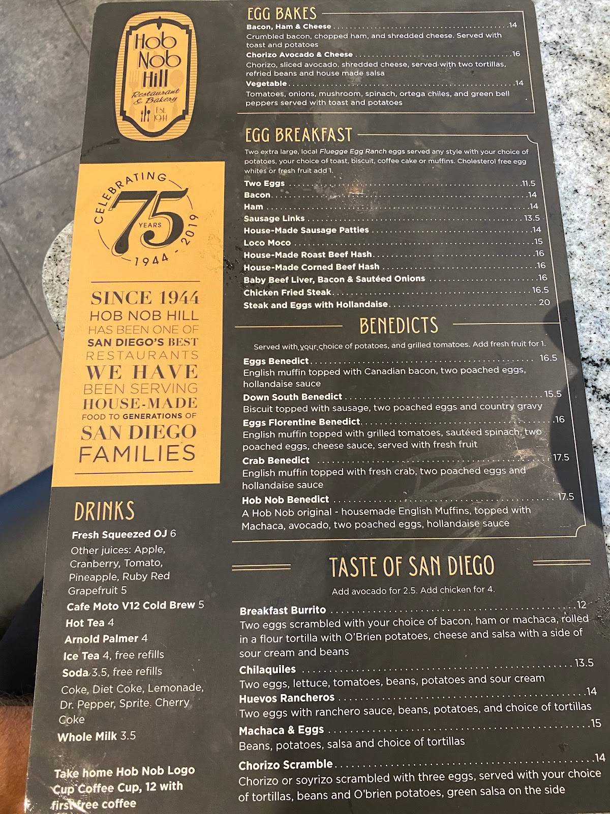 Menu at Hob Nob Hill restaurant, San Diego