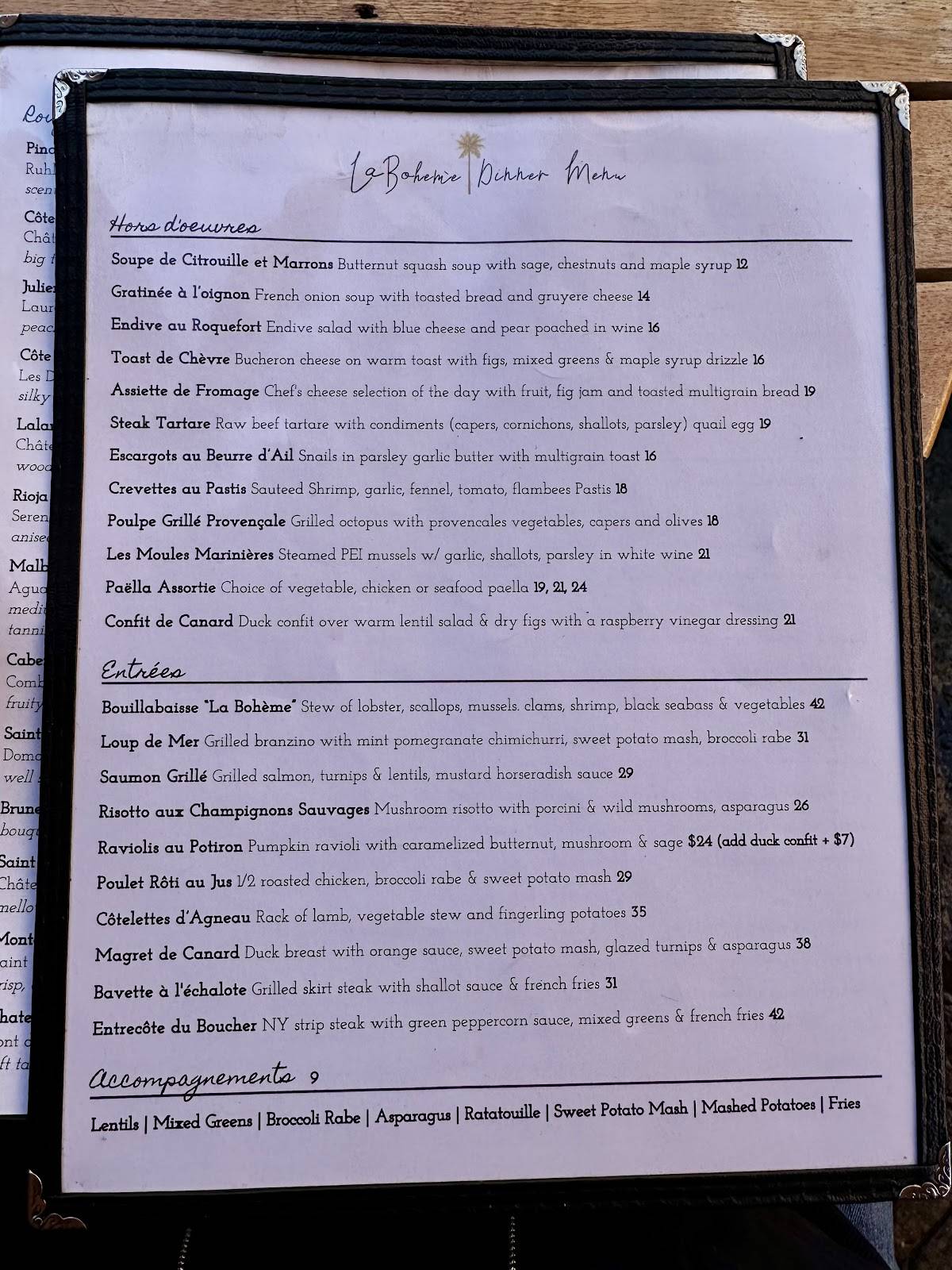 Carta de La Bohème Restaurant, Hoboken