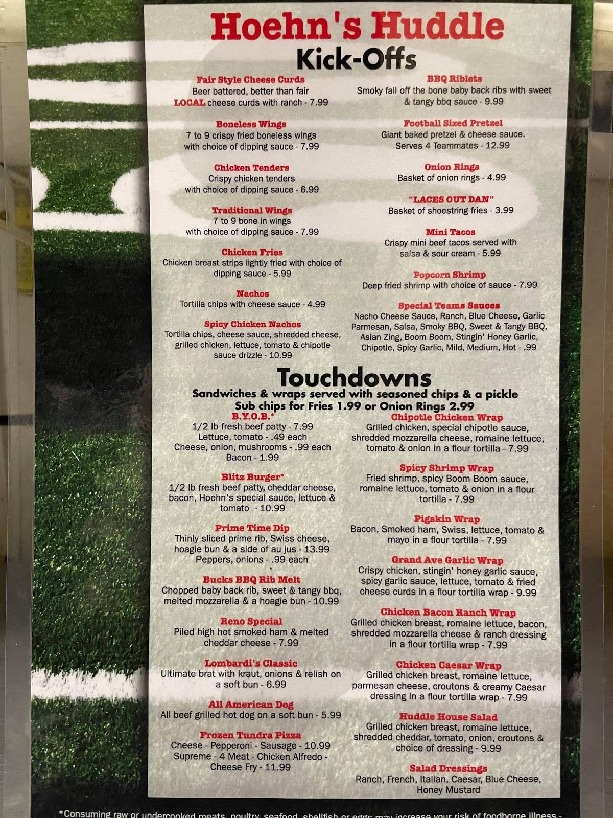 Menu at Hoehn's Huddle Sports Bar & Grill, Schofield