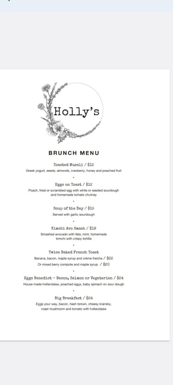 Menu at Holly's Café restaurant, Auckland