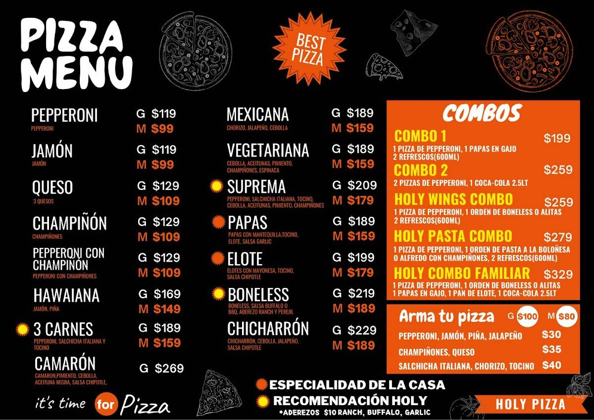 Menu at Holy Pizza restaurant, Ciudad Apodaca