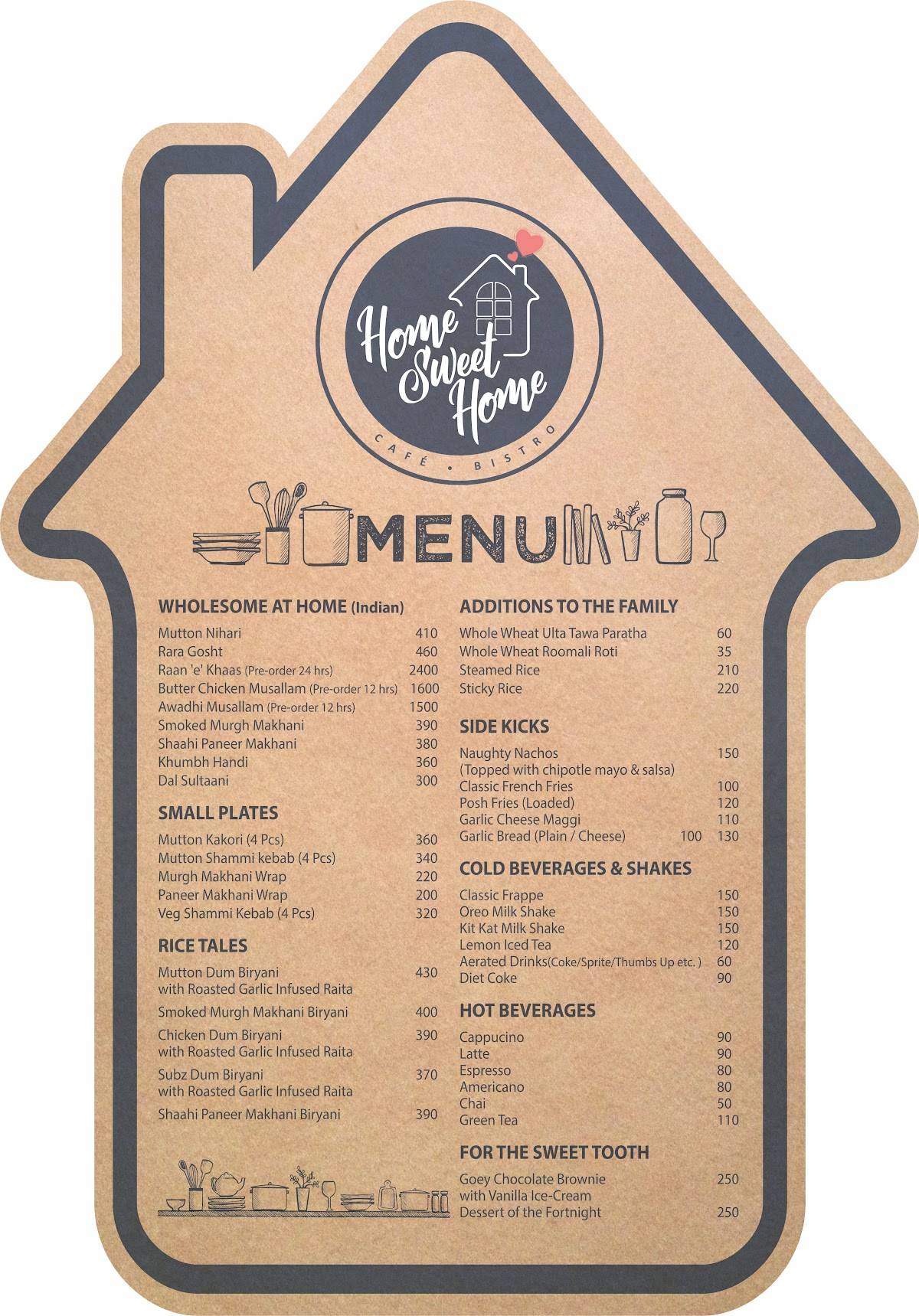 Menu at Home Sweet Home, Lucknow