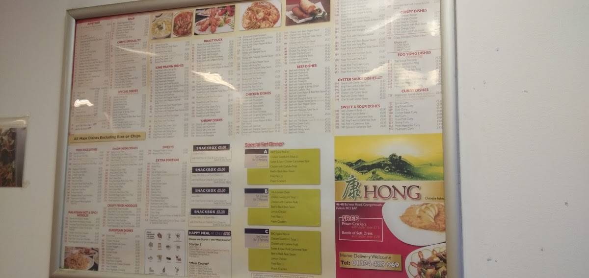 Menu at Hong fast food, Grangemouth