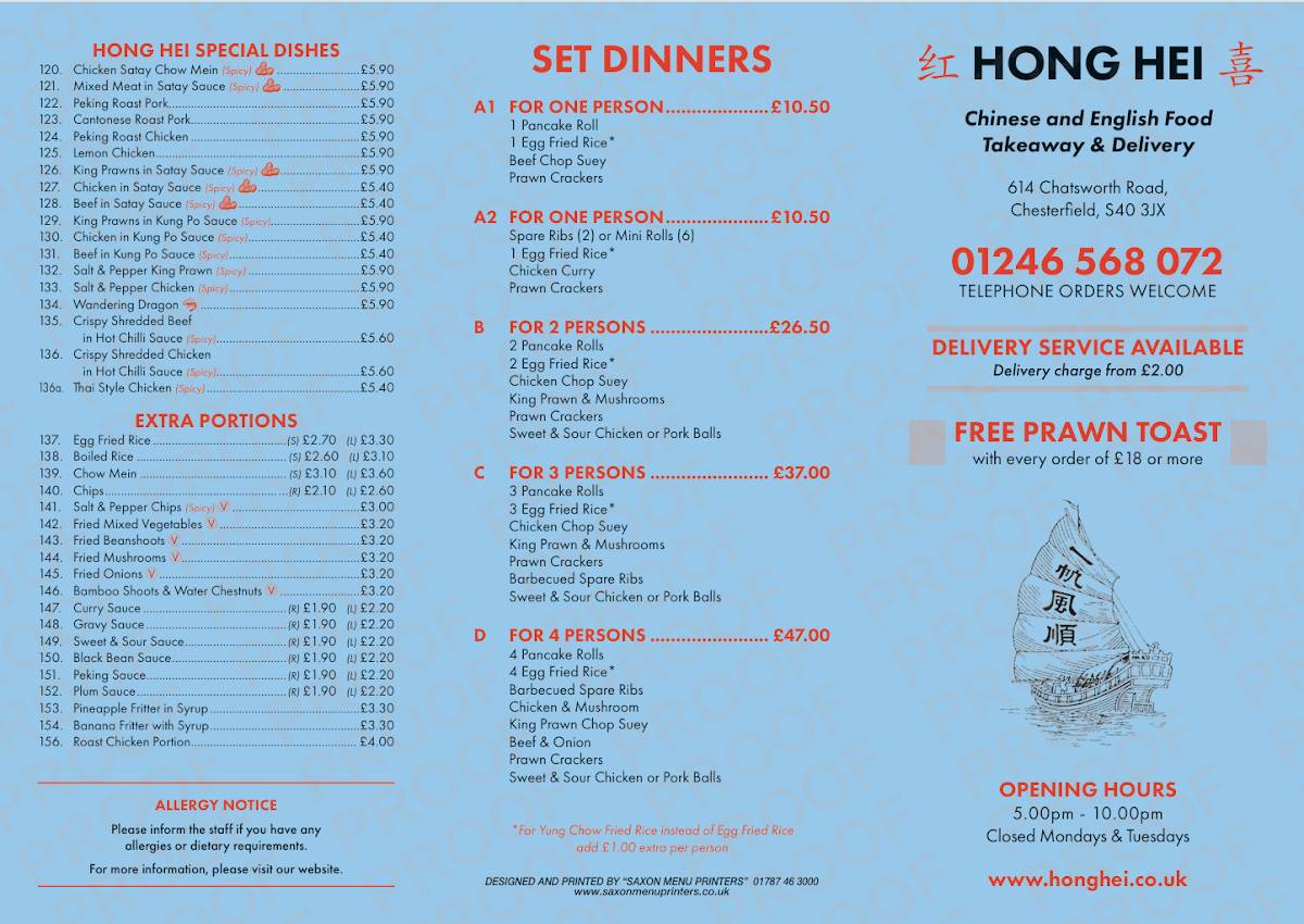 Carta de comida rápida Hong Hei Chinese Takeaway, Chesterfield