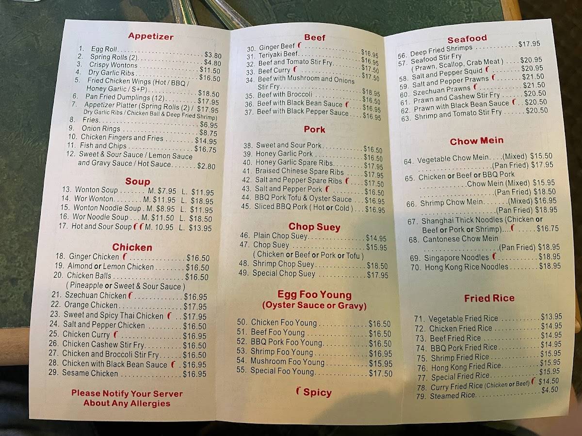 Menu at Hong Kong Restaurant, Taber