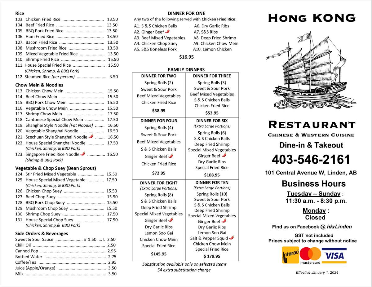 Menu at Hong Kong Restaurant, Linden