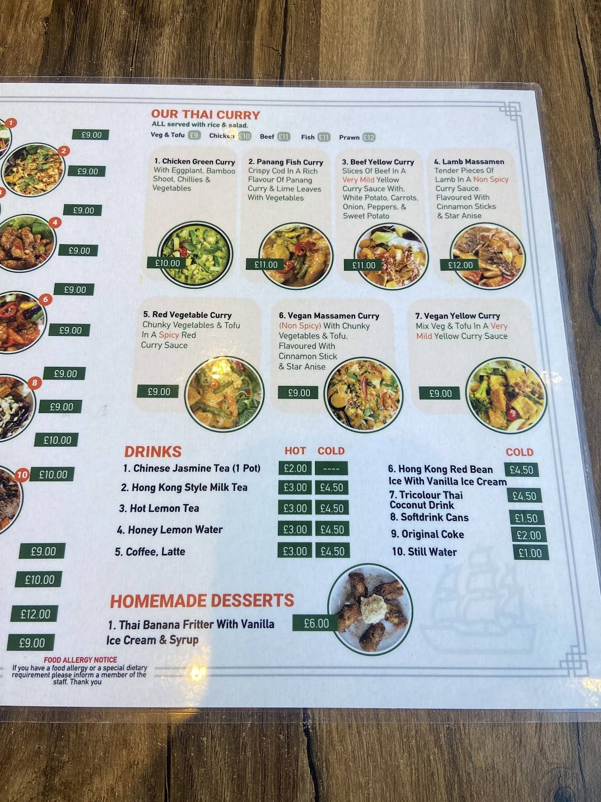 Menu at Hong Thai restaurant, Manchester, 140 Oldham Rd
