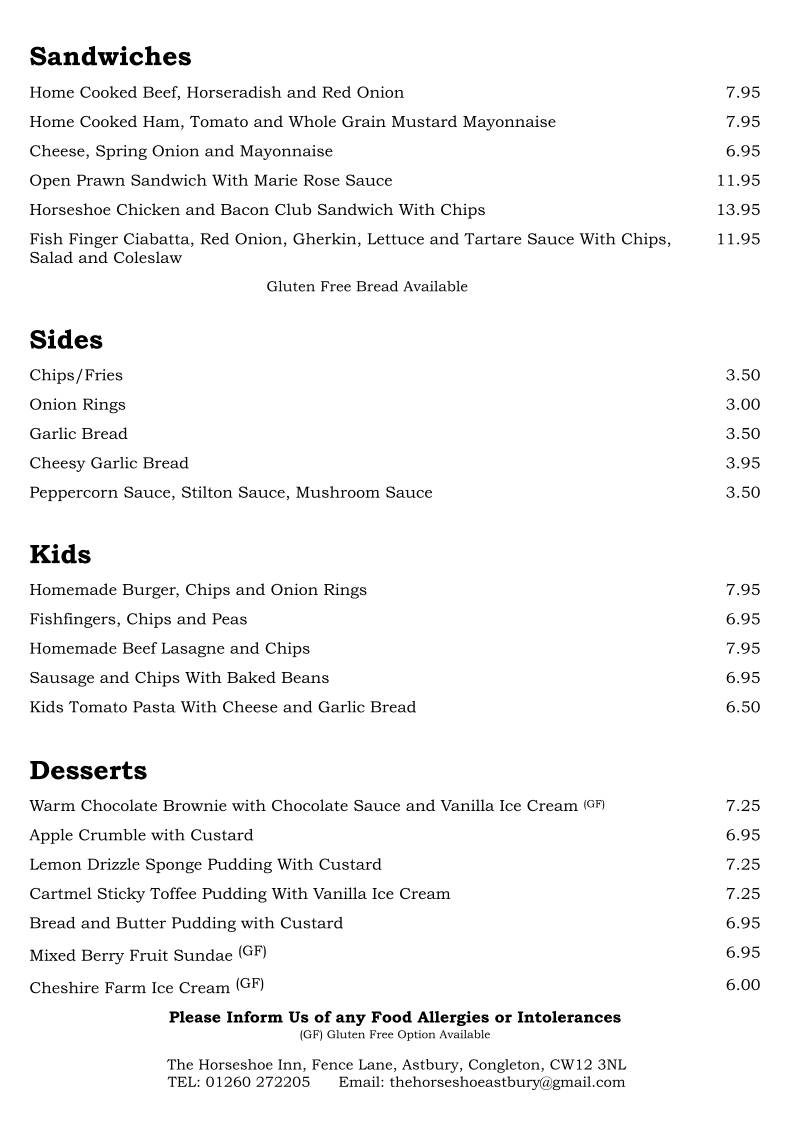 Menu at Horse Shoe, Astbury pub & bar, Congleton