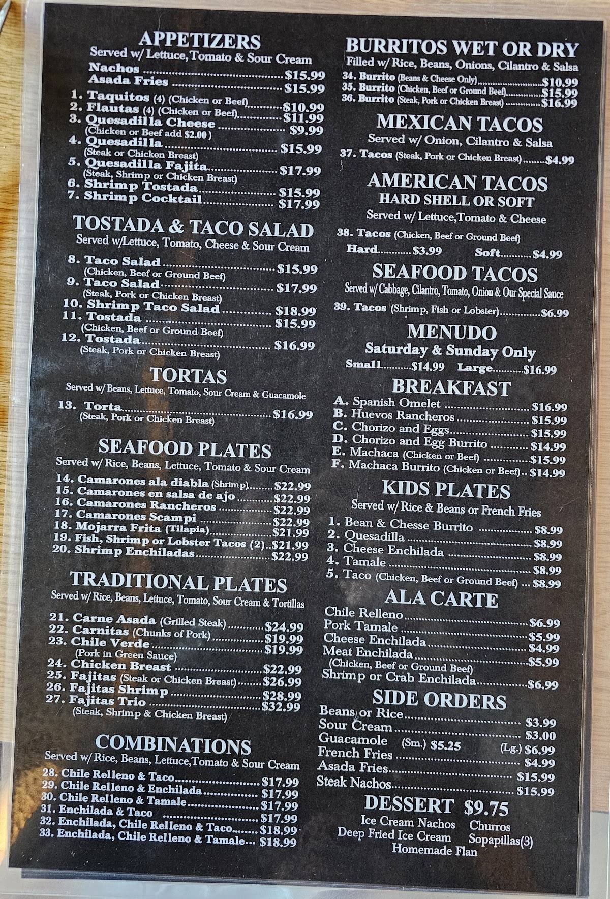 Menu at Hortencia's at the Cliffhanger restaurant, Crestline