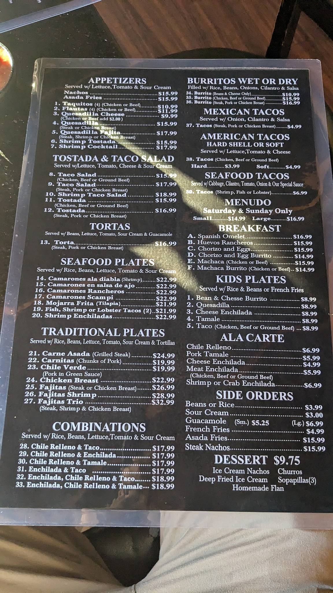 Menu at Hortencia's at the Cliffhanger restaurant, Crestline