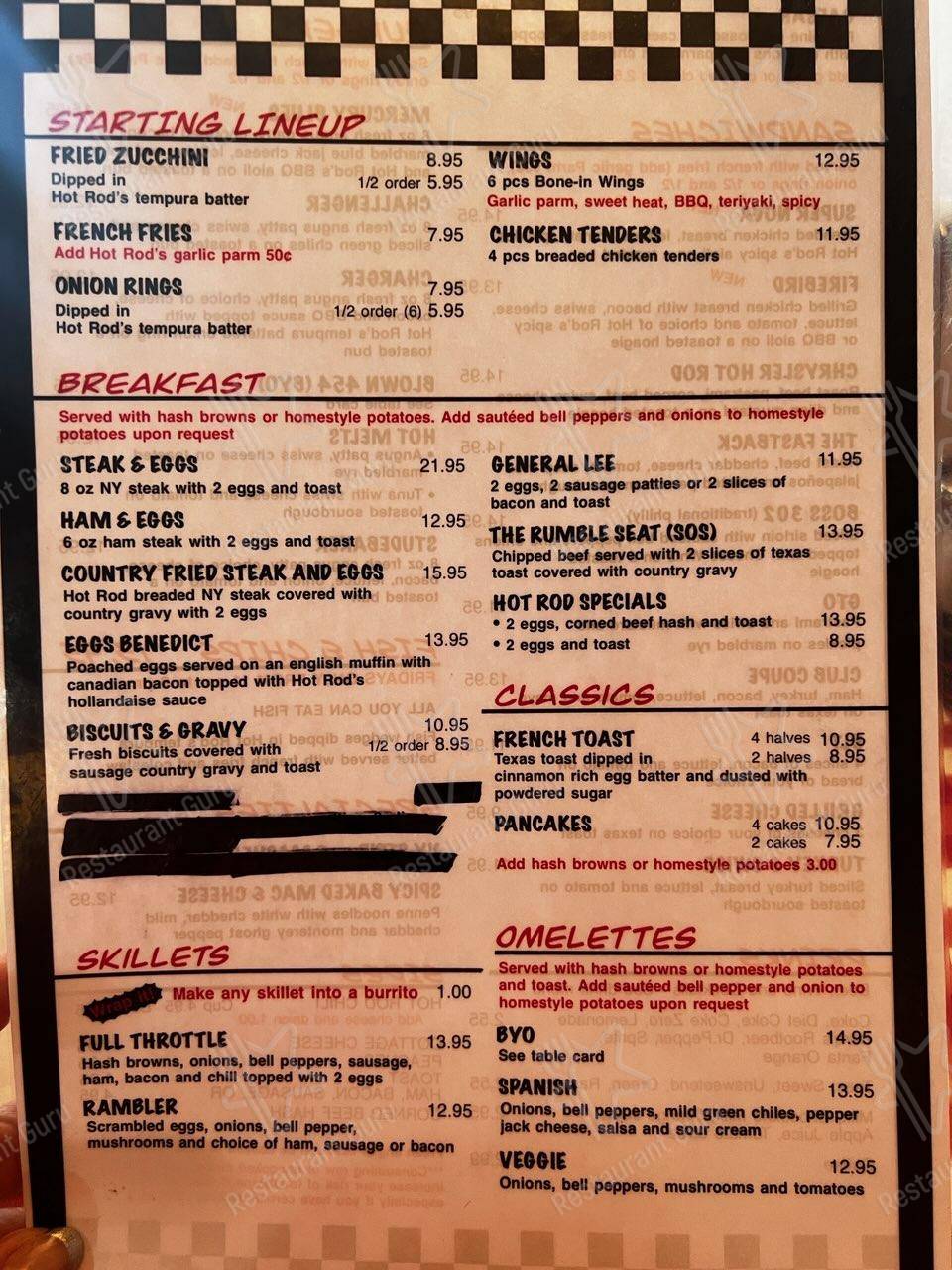 Menu at Hot Rod Cafe, Kingman