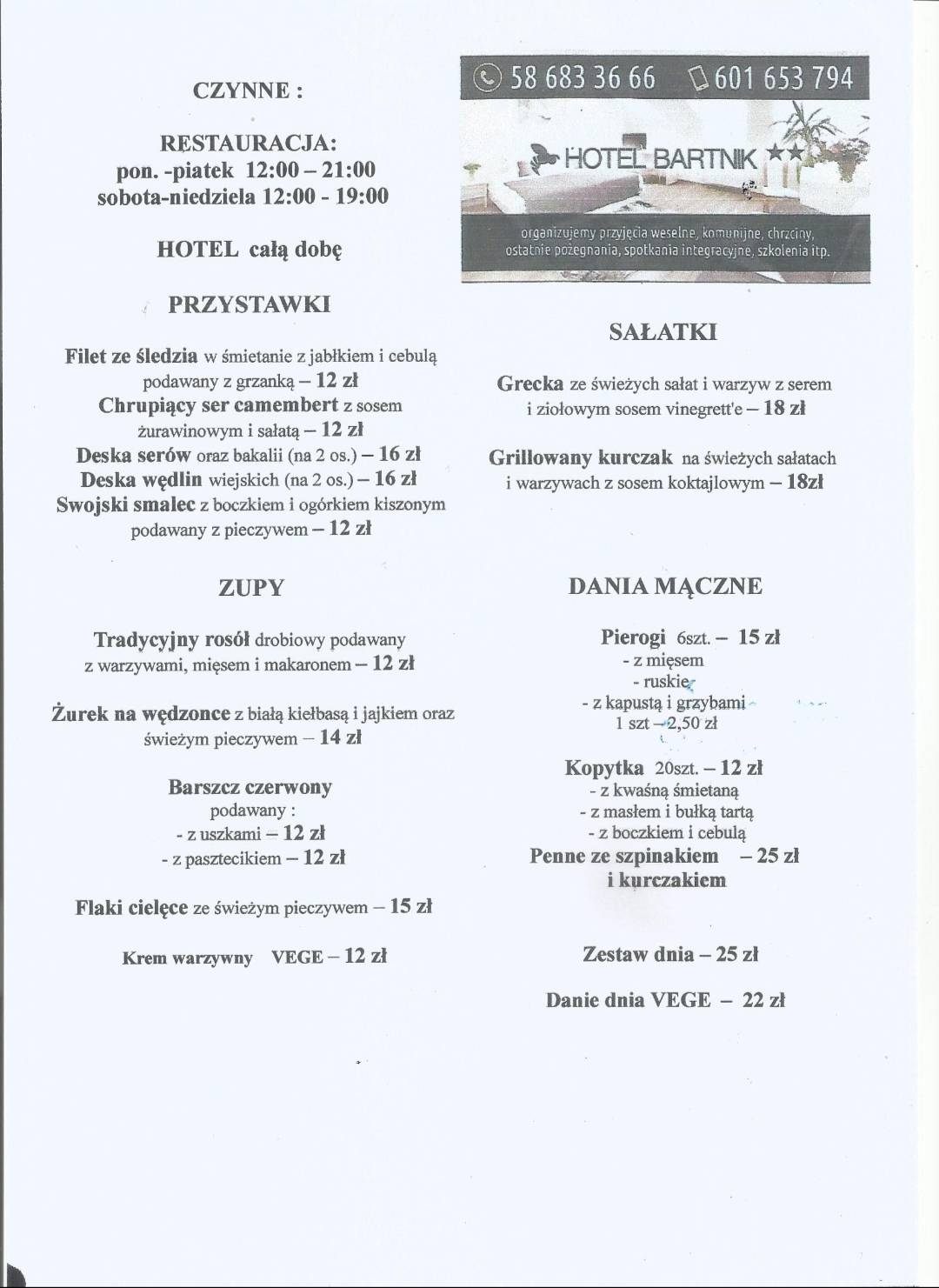 Menu at Hotel Bartnik, Pszczółki