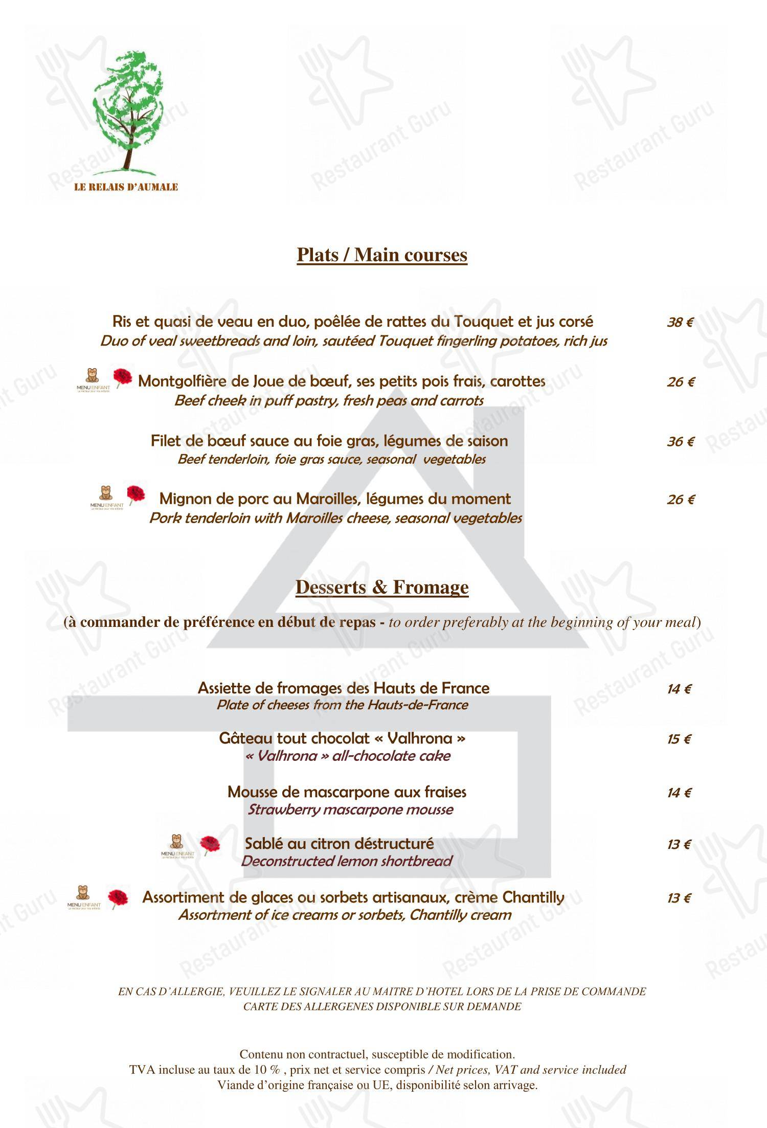 Menu au Hôtel Chantilly Le Relais D'Aumale restaurant, Orry-la-Ville