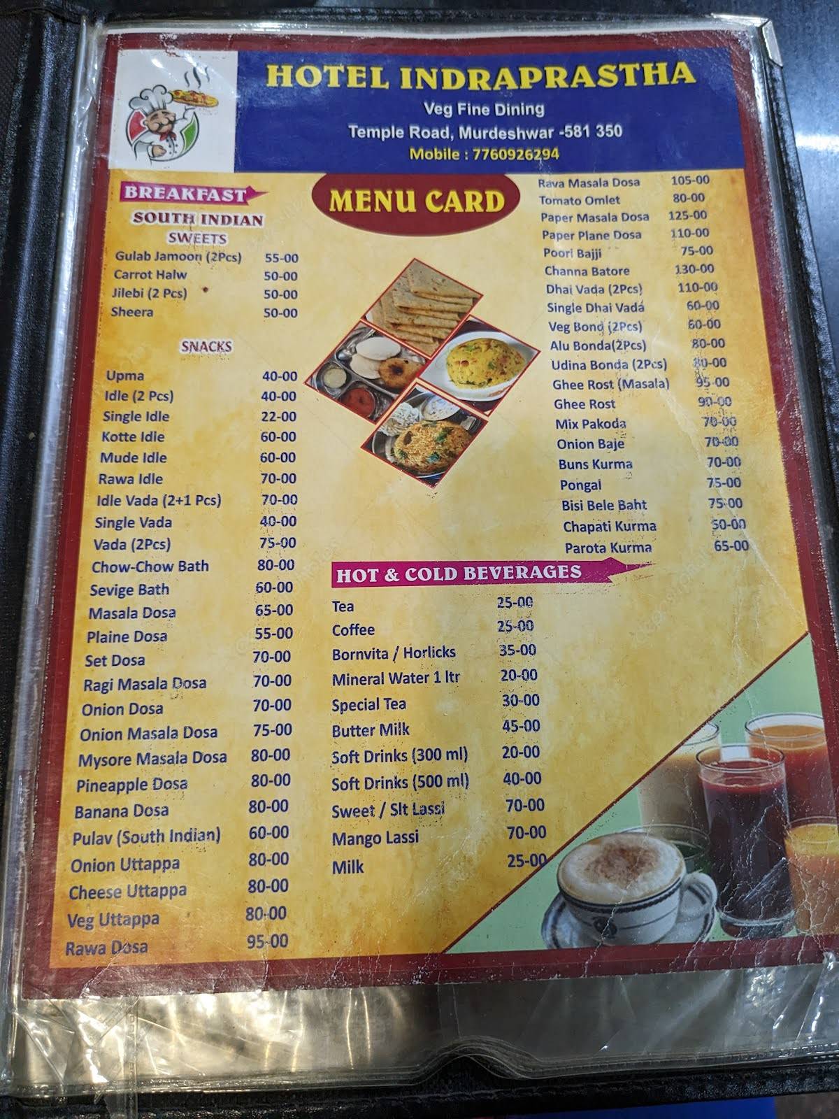 Menu at Hotel Indraprastha, Murdeshwar