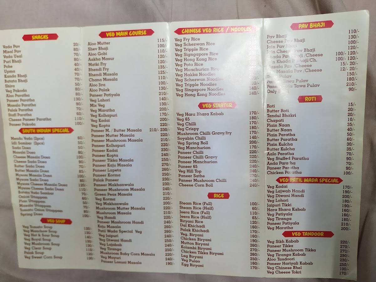 Menu at Hotel Patil Wada, Ajivali