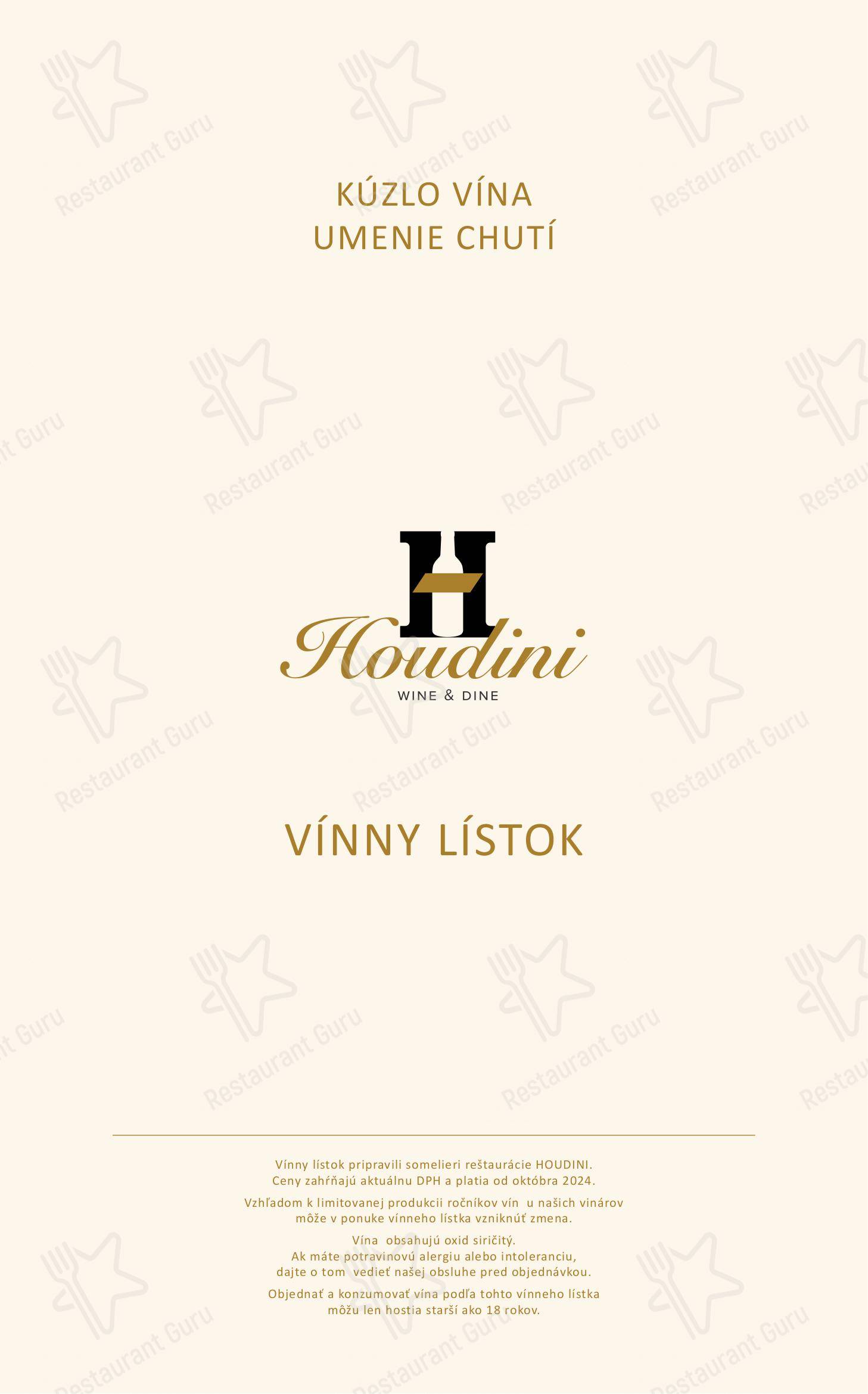 Menu at Houdini Restaurant, Bratislava