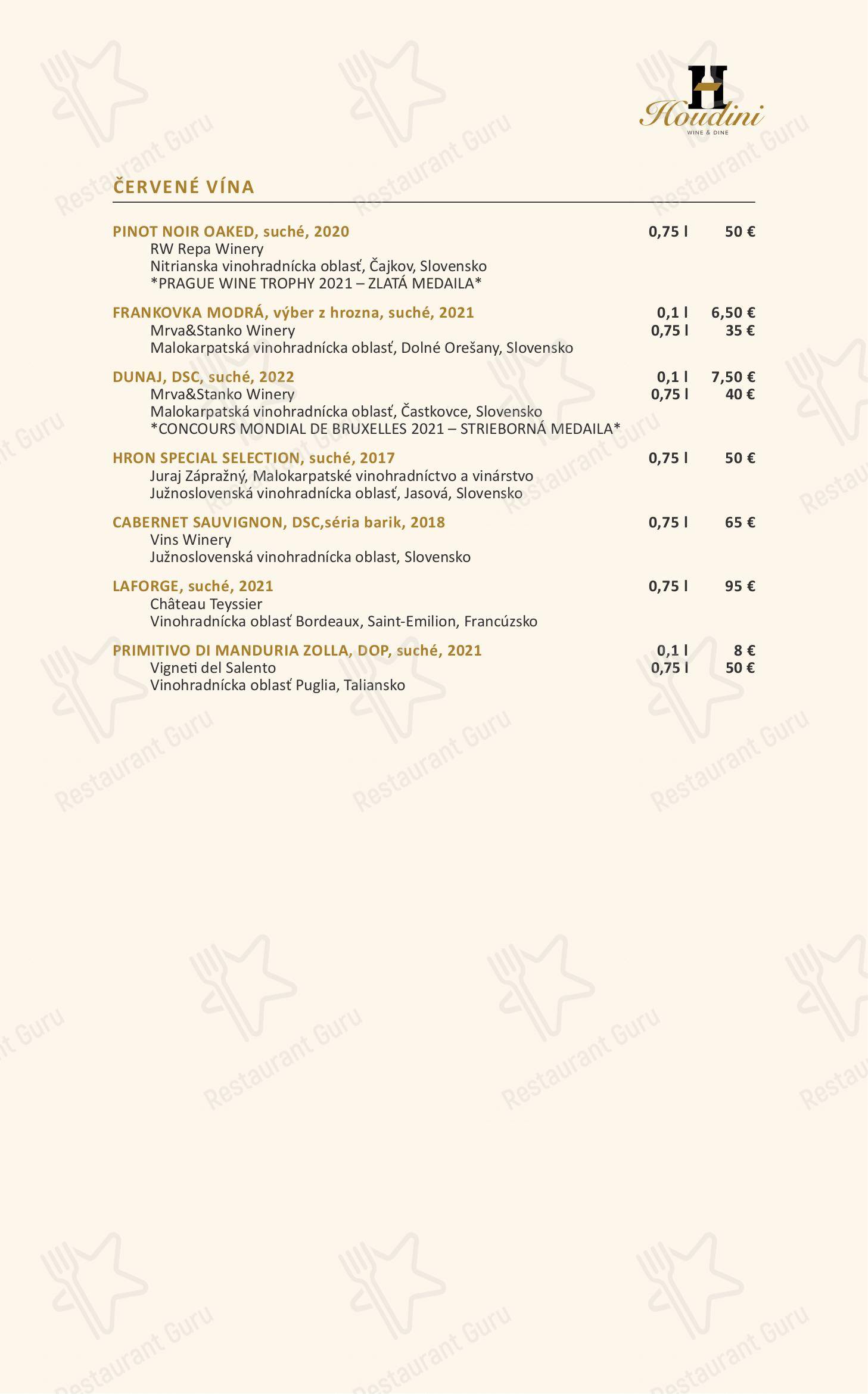 Menu at Houdini Restaurant, Bratislava