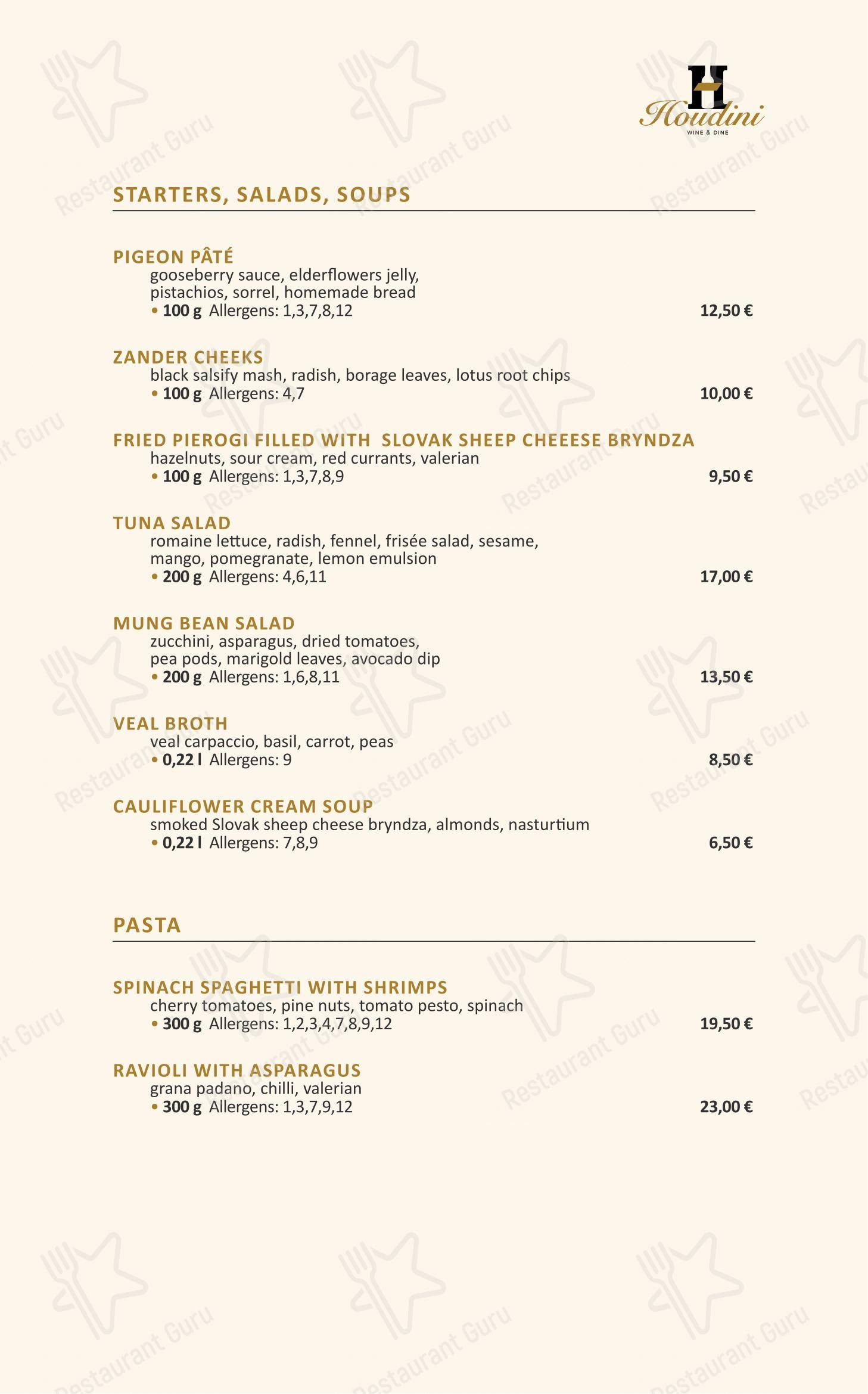 Menu at Houdini Restaurant, Bratislava