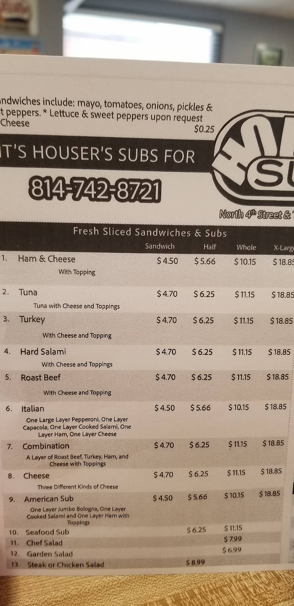 Menu at Houser Subs restaurant, Bellwood