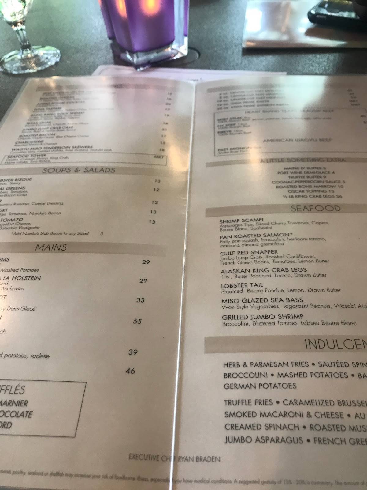 Menu at Brenner's on the Bayou steakhouse, Houston, 1 Birdsall St