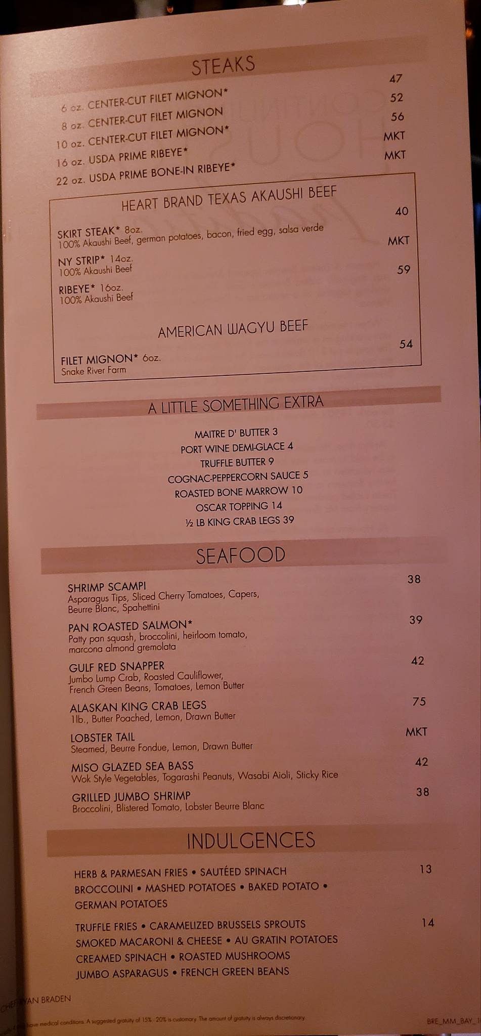 Menu at Brenner's on the Bayou steakhouse, Houston, 1 Birdsall St