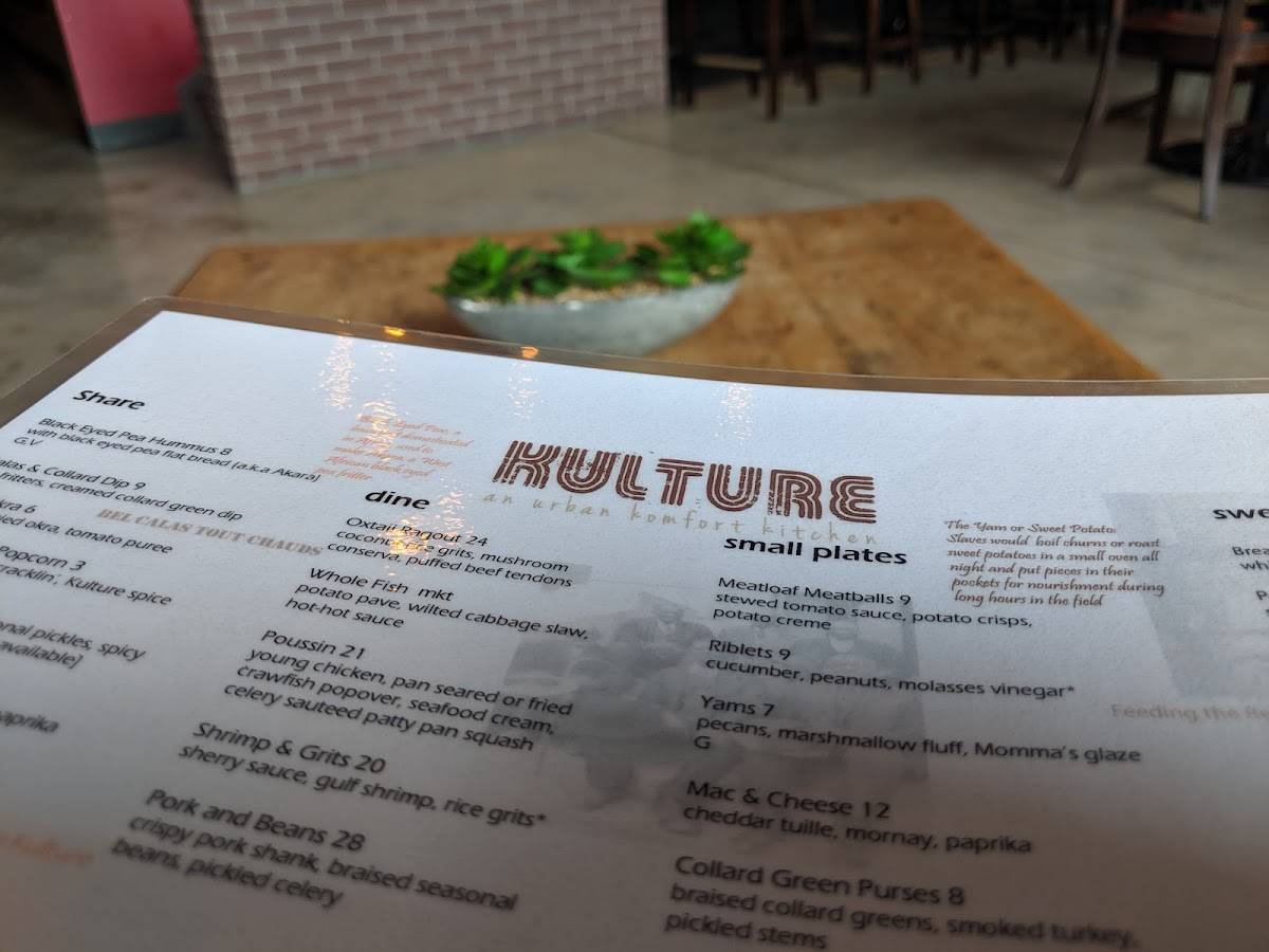 Menu at Kulture restaurant, Houston