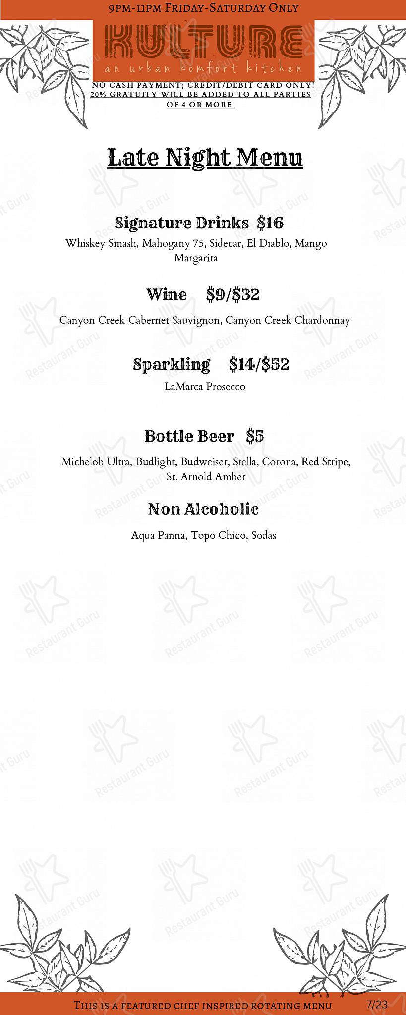 Menu at Kulture restaurant, Houston