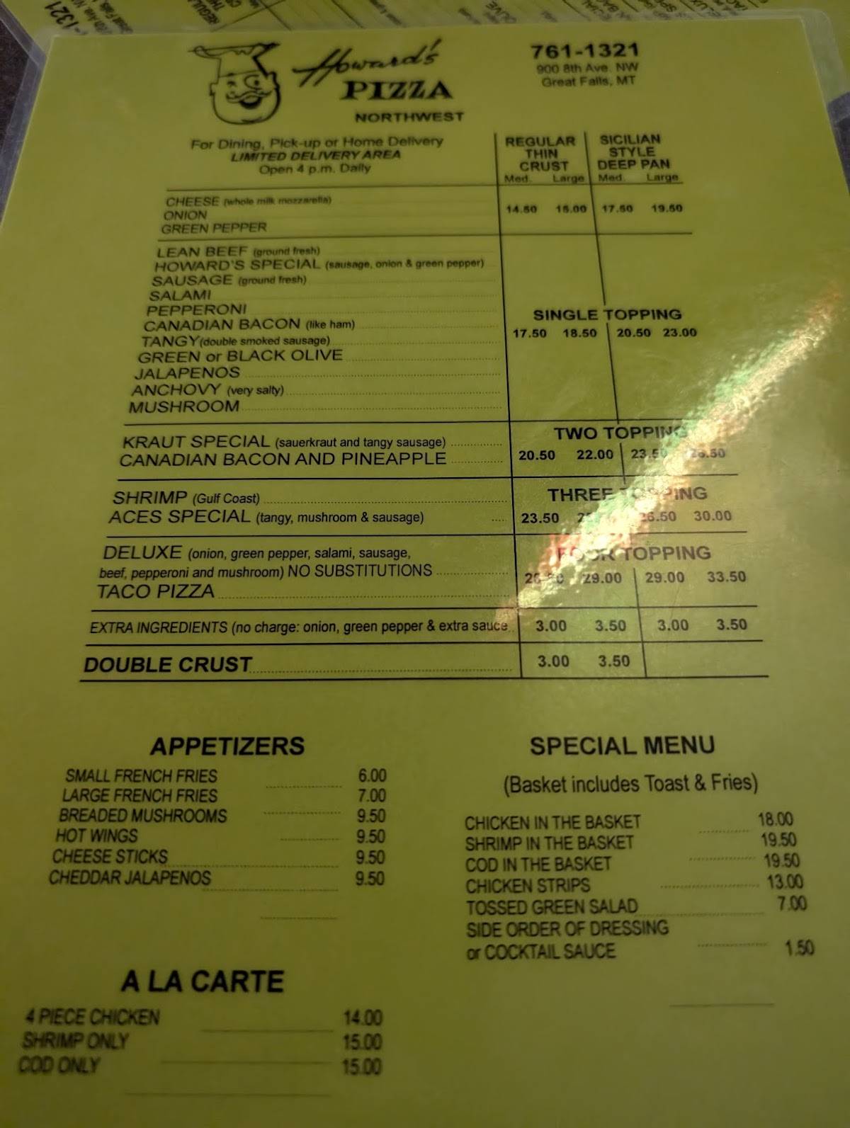 Menu at Howard's Pizza pizzeria, Great Falls, 900 8th Ave NW