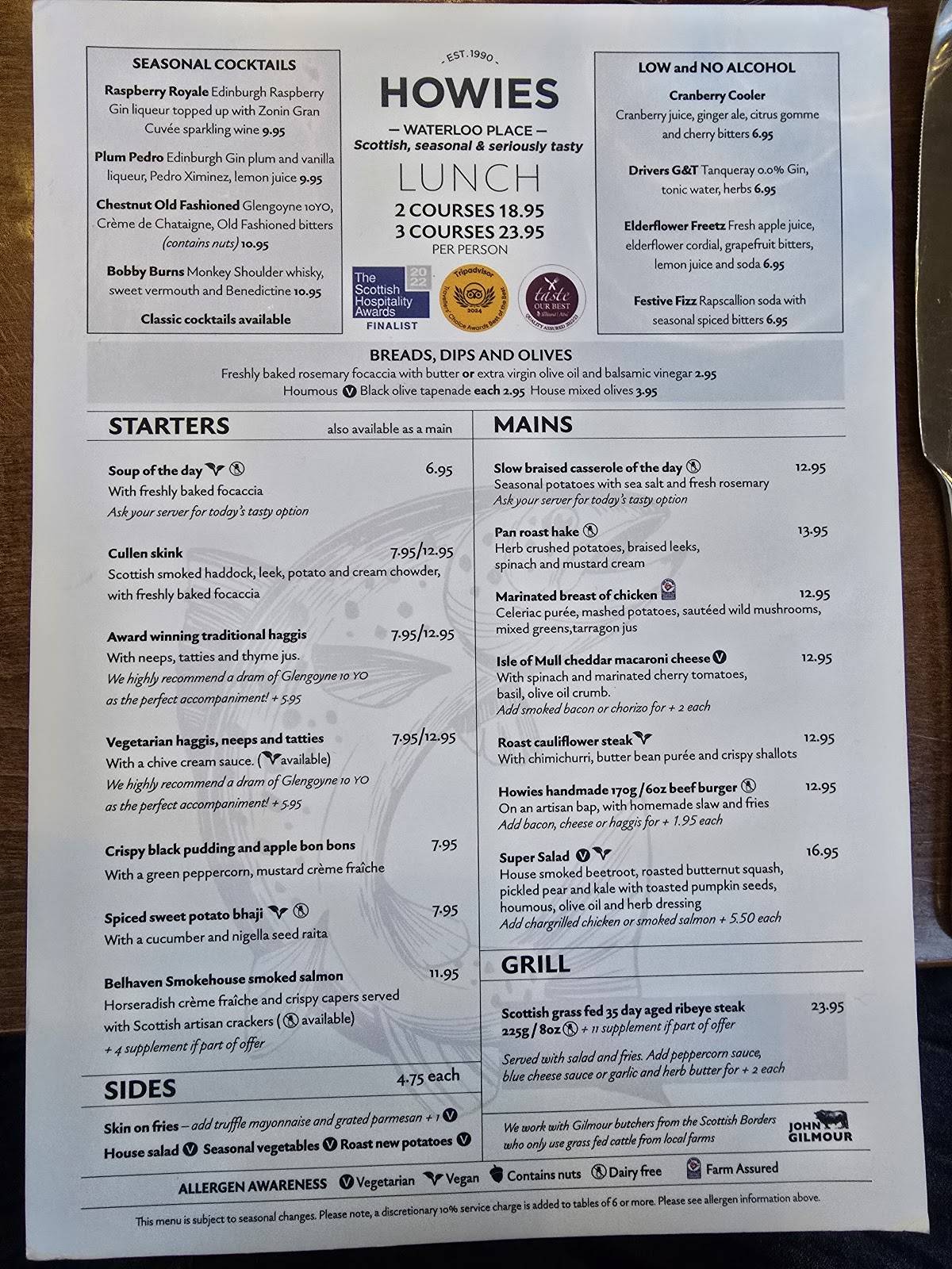 Menu at Howies Restaurant Waterloo Place, Edinburgh, Waterloo Place