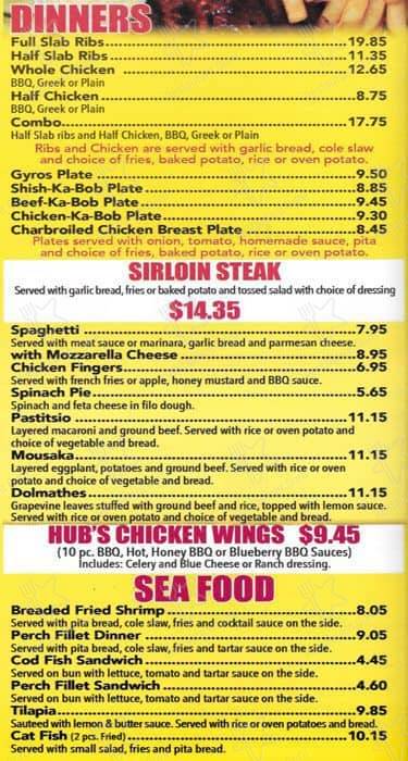 Menu at Hub's Restaurant, Skokie, Dempster St