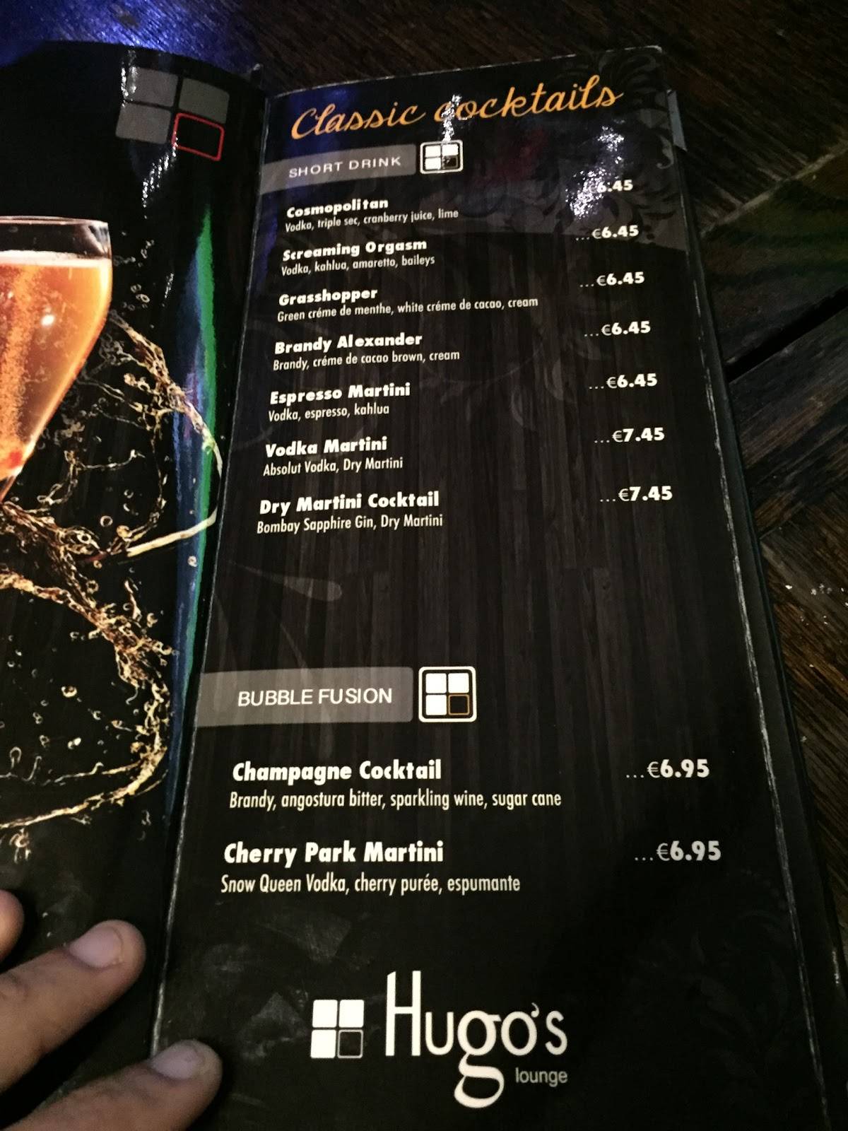 Menu at Hugo's Lounge restaurant, Saint Julian's
