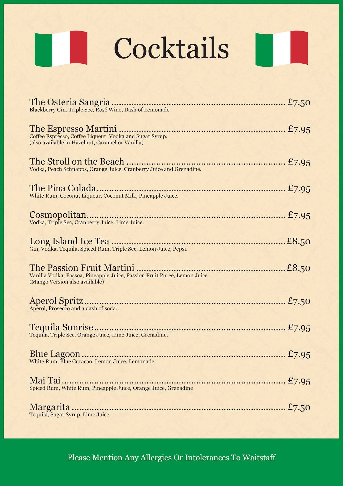 Menu at Osteria Italian Restaurant, Hull