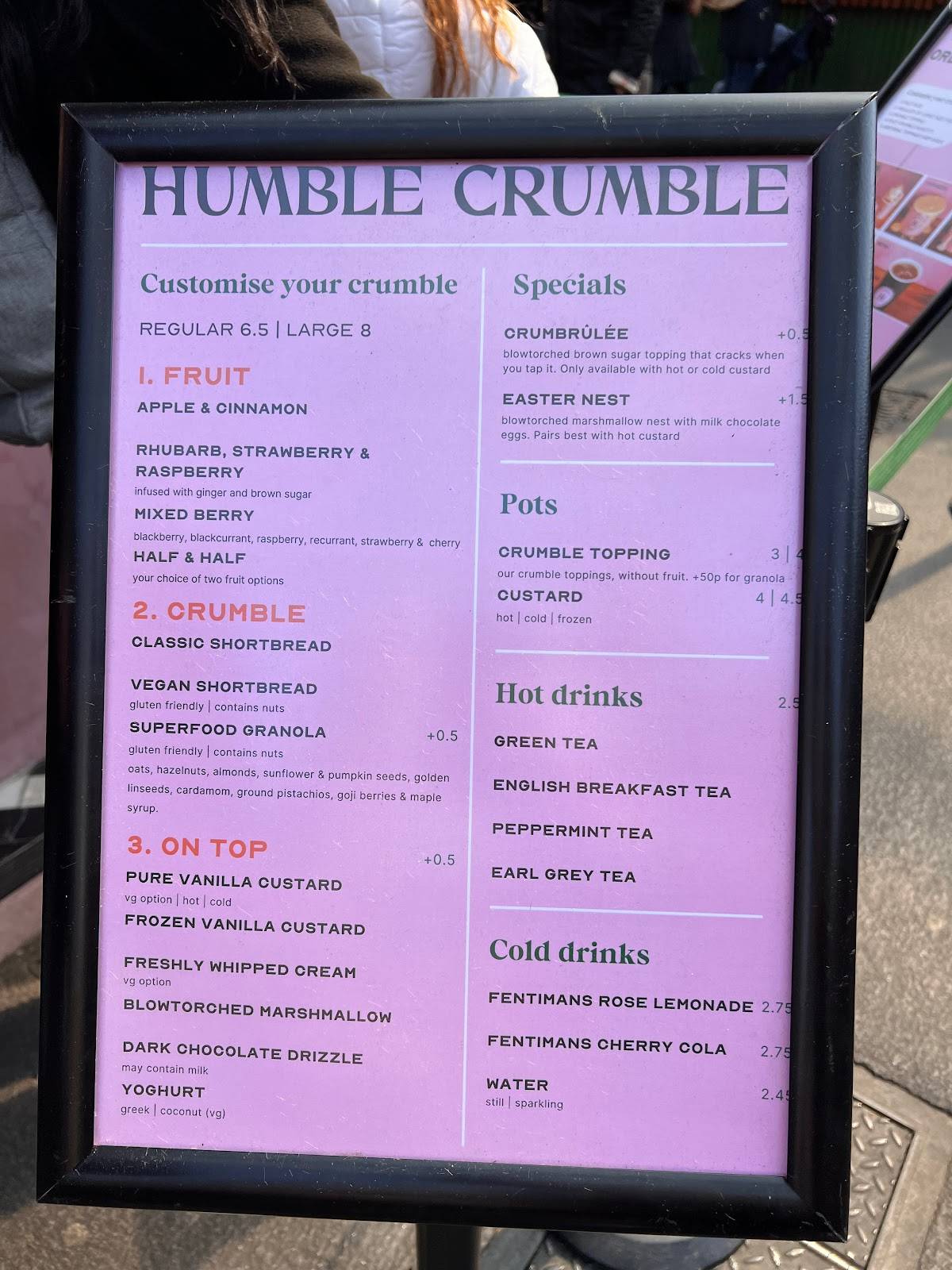 Menu at Humble Crumble restaurant, London, Old Spitalfields Market