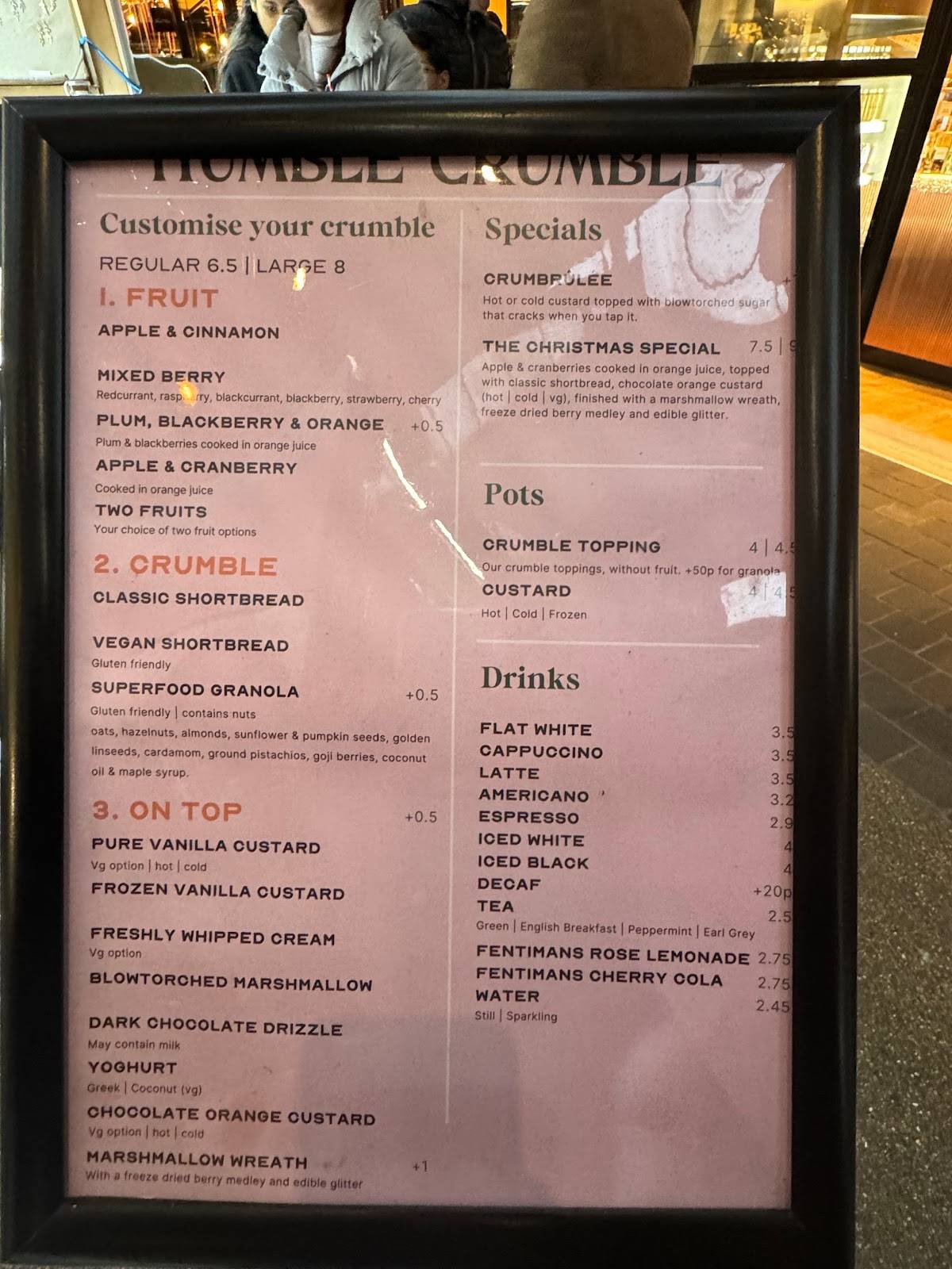 Menu at Humble Crumble restaurant, London, Old Spitalfields Market