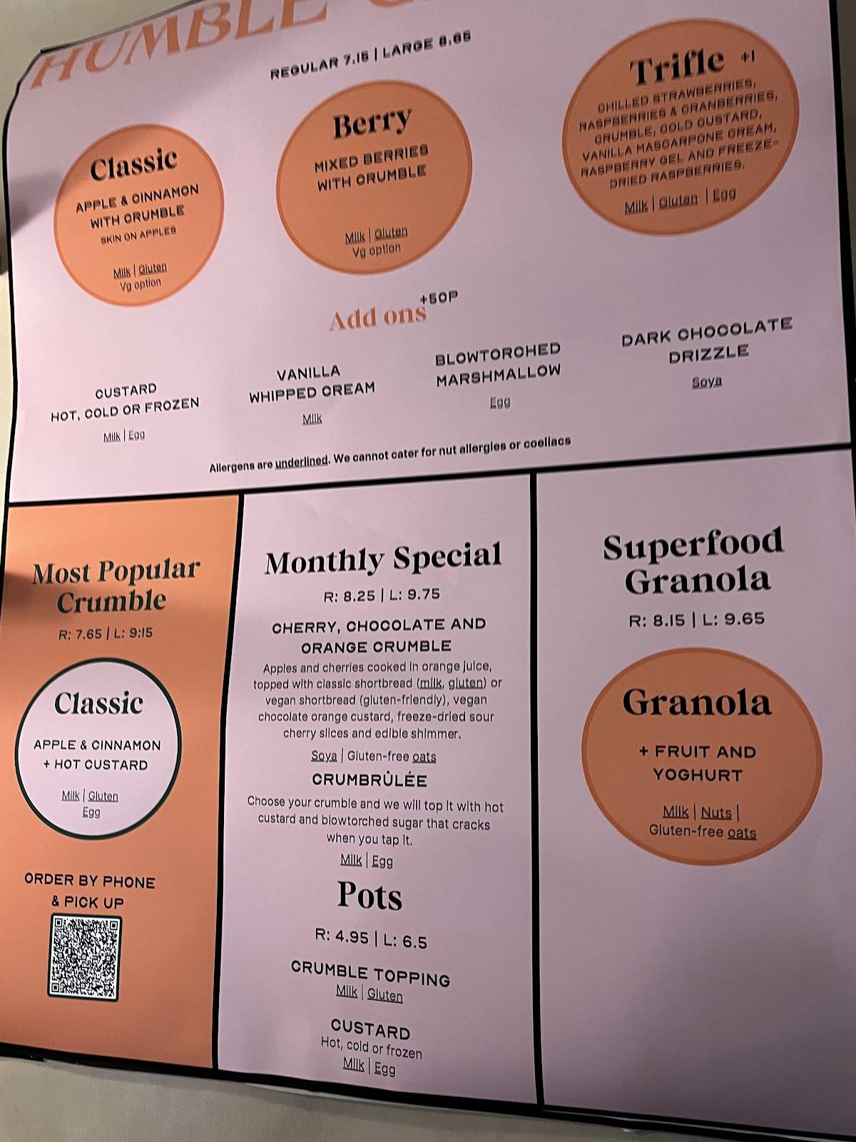 Menu at Humble Crumble restaurant, London, Old Spitalfields Market