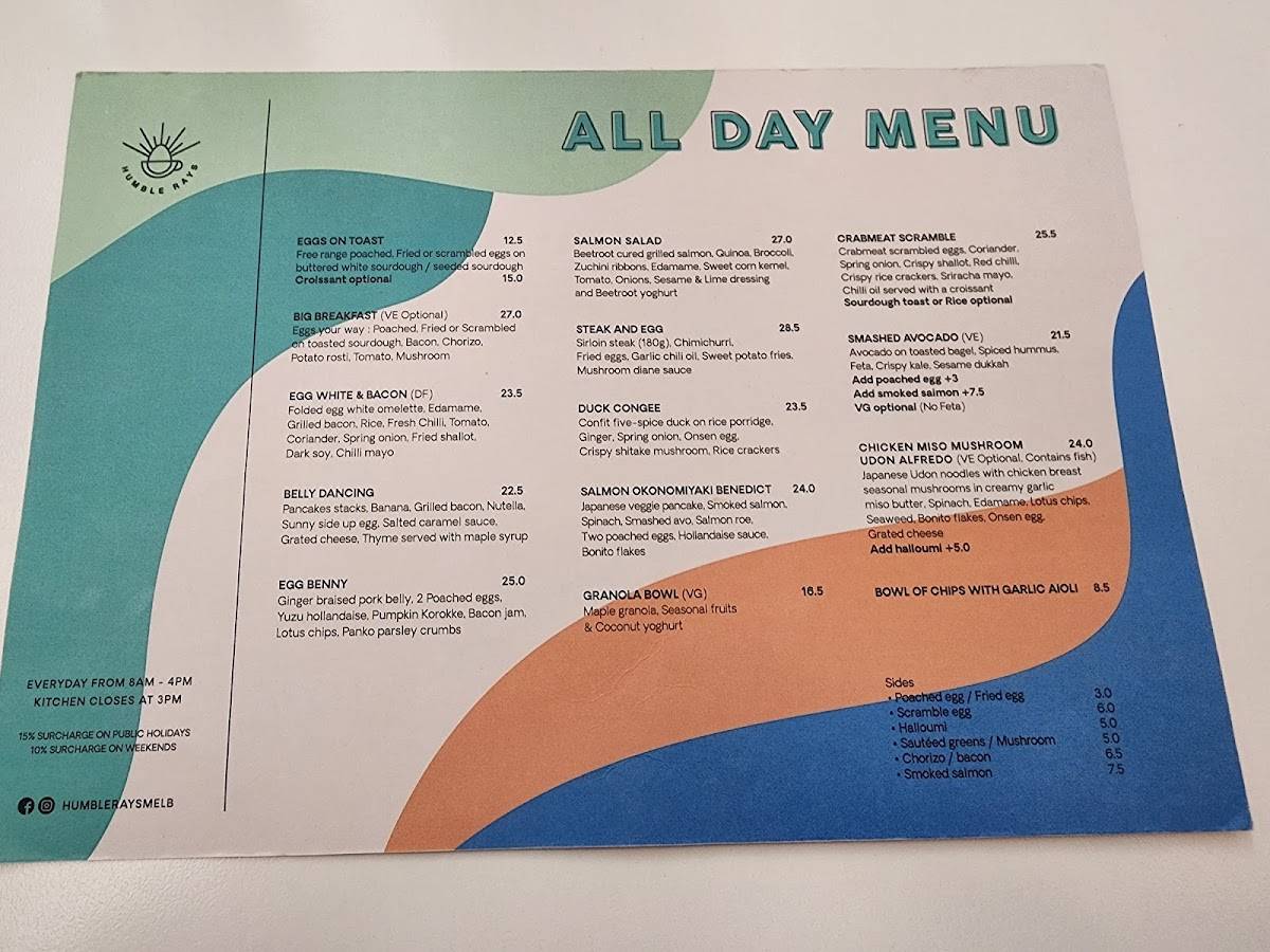 Menu at Humble Rays cafe, Carlton