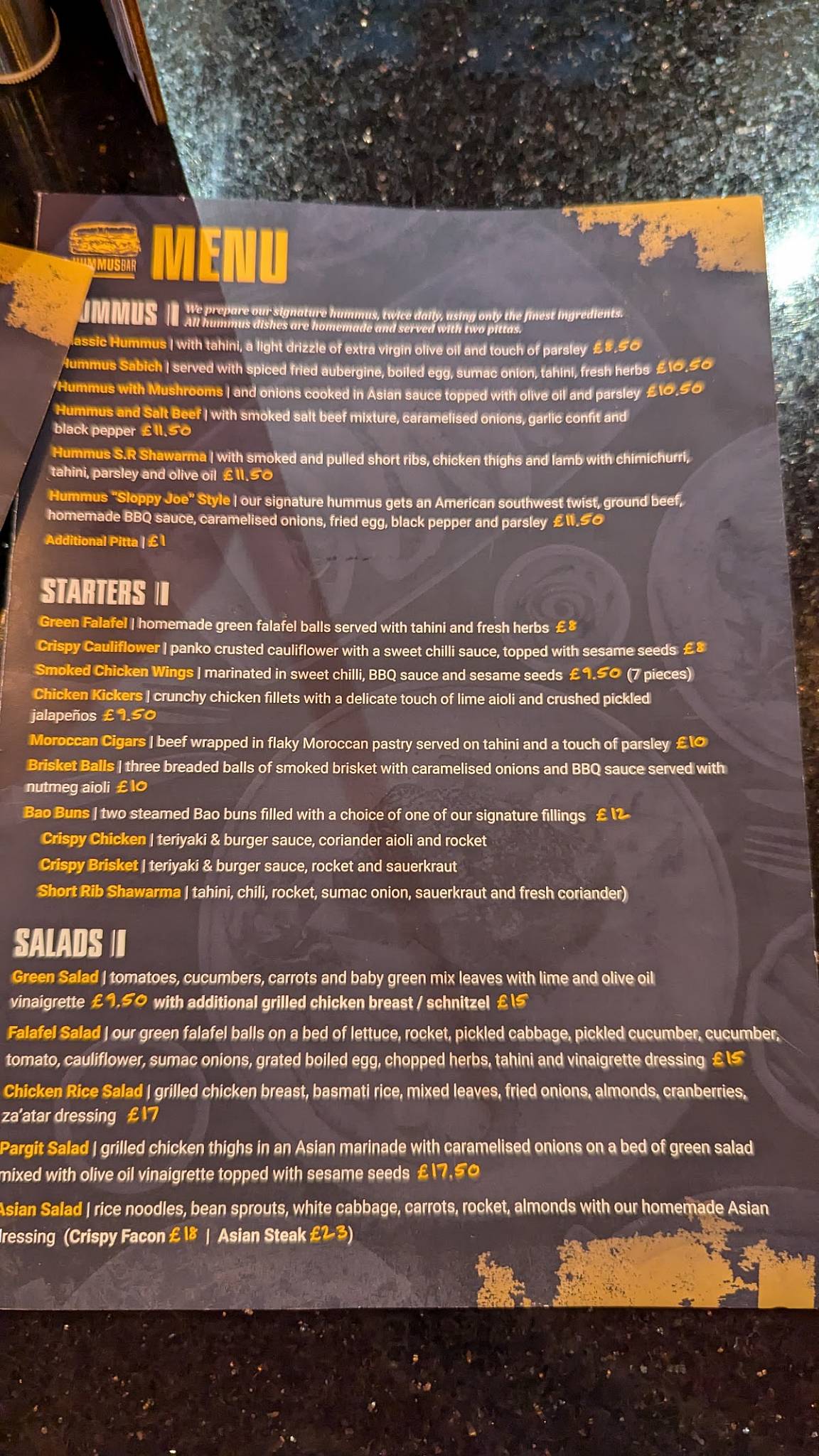 Menu at Hummus Bar Golders, London