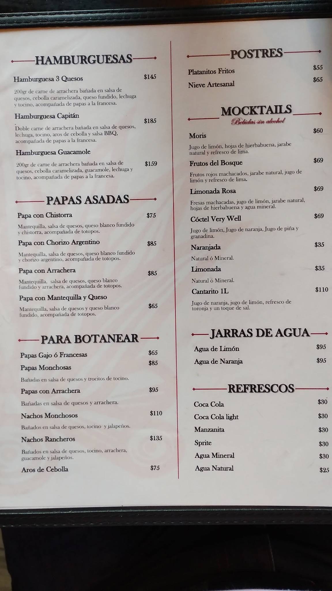 Menu at Humo Y Tequila restaurant, Mexico